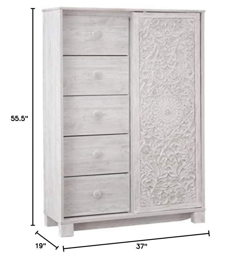 Signature Design by Ashley Paxberry Boho 5 Drawer Dressing Chest with Slider Door & 3 Adjustable Shelves, Whitewash