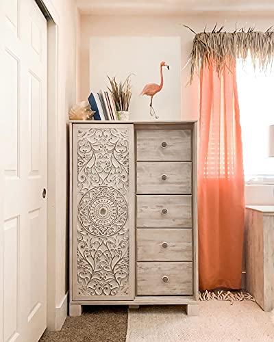 Signature Design by Ashley Paxberry Boho 5 Drawer Dressing Chest with Slider Door & 3 Adjustable Shelves, Whitewash