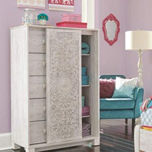 Signature Design by Ashley Paxberry Boho 5 Drawer Dressing Chest with Slider Door & 3 Adjustable Shelves, Whitewash