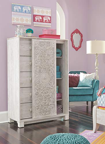 Signature Design by Ashley Paxberry Boho 5 Drawer Dressing Chest with Slider Door & 3 Adjustable Shelves, Whitewash