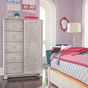 Signature Design by Ashley Paxberry Boho 5 Drawer Dressing Chest with Slider Door & 3 Adjustable Shelves, Whitewash