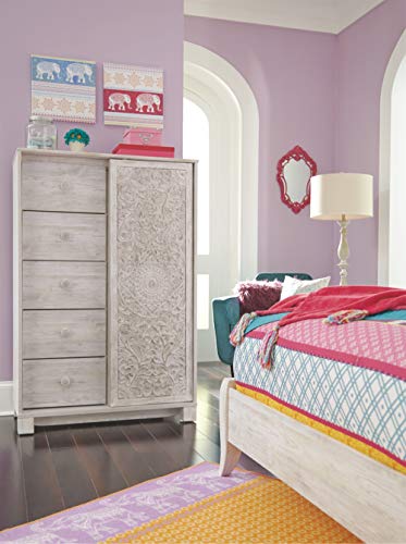 Signature Design by Ashley Paxberry Boho 5 Drawer Dressing Chest with Slider Door & 3 Adjustable Shelves, Whitewash