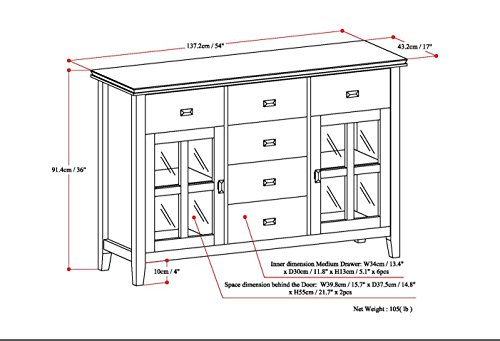 SIMPLIHOME Artisan Solid Pine Wood 54 inch Contemporary Sideboard Buffet Credenza in Russet Brown features 2 Doors, 6 Drawers and 2 Cabinets with Large storage spaces