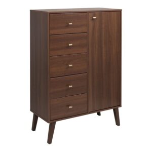 prepac milo mid-century 5 drawer combo chest with door, 16″ d x 34.5″ w x 49″ h, cherry