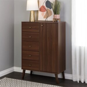 Prepac Milo Mid-Century 5 Drawer Combo Chest with Door, 16" D x 34.5" W x 49" H, Cherry