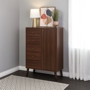 Prepac Milo Mid-Century 5 Drawer Combo Chest with Door, 16" D x 34.5" W x 49" H, Cherry