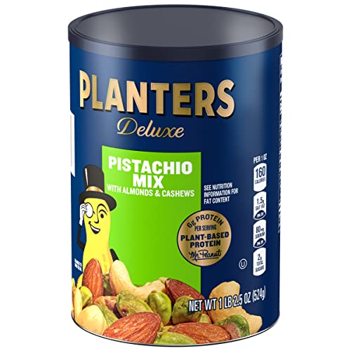 PLANTERS Deluxe Pistachio Mix, 1.15 lb. Resealable Canister - Deluxe Pistachio Mix: Pistachios, Almonds & Cashews Roasted in Peanut Oil with Sea Salt - Kosher, Savory Snack