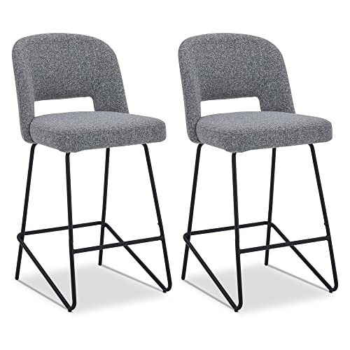 Watson & Whitely Modern Bar Stools, Fabric Upholstered Bar Stool with Back, Metal Legs in Matte Black, 26" H Seat Height, Set of 2, Grey (Multi-Colored)