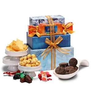 broadway basketeers gourmet chocolate food gift basket tower snack gifts for women, men, families, college – delivery for holidays, appreciation, thank you, congratulations, corporate, get well soon, care package