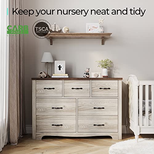 LINSY HOME 7 Drawer Dresser, White Dresser for Bedroom, Mid Century Modern Dresser Organizer, Chest of Drawers for Nursery,Baby,Kids Bedroom