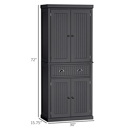 HOMCOM 72" Traditional Freestanding Kitchen Pantry Cabinet Cupboard with Doors and 3 Adjustable Shelves, Black