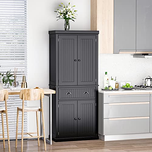 HOMCOM 72" Traditional Freestanding Kitchen Pantry Cabinet Cupboard with Doors and 3 Adjustable Shelves, Black