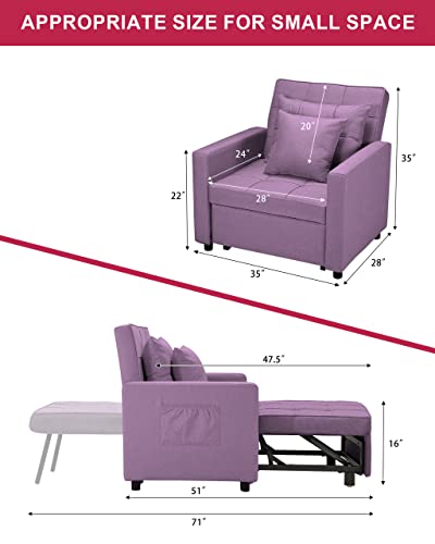 Litbird Convertible Chair Sleeper Bed, Futon Chair Turns Into Bed, Sofa Chair for Living Room, 3 in 1, Linenette, Purple