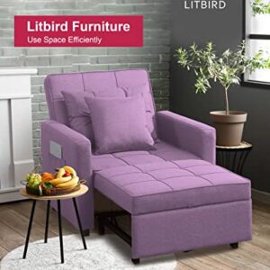 Litbird Convertible Chair Sleeper Bed, Futon Chair Turns Into Bed, Sofa Chair for Living Room, 3 in 1, Linenette, Purple