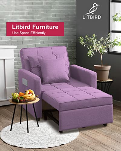 Litbird Convertible Chair Sleeper Bed, Futon Chair Turns Into Bed, Sofa Chair for Living Room, 3 in 1, Linenette, Purple