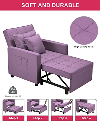 Litbird Convertible Chair Sleeper Bed, Futon Chair Turns Into Bed, Sofa Chair for Living Room, 3 in 1, Linenette, Purple