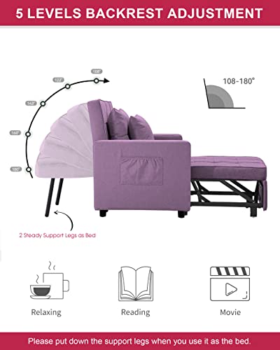 Litbird Convertible Chair Sleeper Bed, Futon Chair Turns Into Bed, Sofa Chair for Living Room, 3 in 1, Linenette, Purple