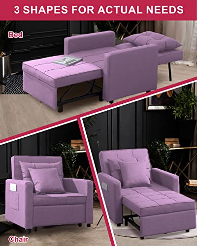 Litbird Convertible Chair Sleeper Bed, Futon Chair Turns Into Bed, Sofa Chair for Living Room, 3 in 1, Linenette, Purple