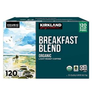 kirkland signature organic breakfast blend light-roast coffee, k-cup pods, 120 count