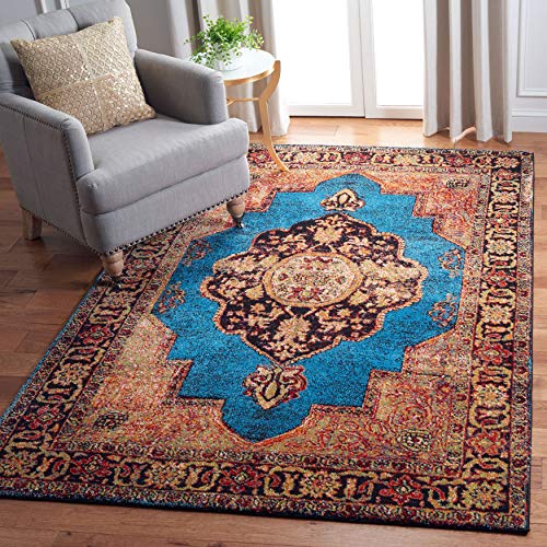 SAFAVIEH Vintage Hamadan Collection 6'7" x 9' Gold / Light Blue VTH219D Oriental Traditional Persian Non-Shedding Living Room Bedroom Dining Home Office Area Rug