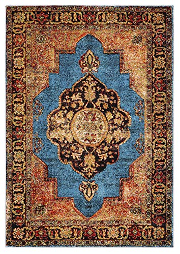 SAFAVIEH Vintage Hamadan Collection 6'7" x 9' Gold / Light Blue VTH219D Oriental Traditional Persian Non-Shedding Living Room Bedroom Dining Home Office Area Rug