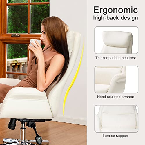 glitzhome Home High-Back Office Chair Leather Adjustable Swivel Desk Chair with Arms, Cream