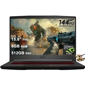 msi gf65 thin gaming laptop 15.6” fhd ips 144hz 10th gen intel hexa-core i5-10500h (beats i7-9750h) 8gb ram 512gb ssd geforce rtx 3060 6gb graphic backlit keyboard usb-c win10 black + hdmi cable