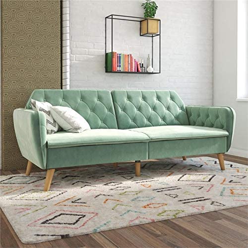 Novogratz Tallulah Memory Foam Sofa Bed, Light Green Velvet Futon,