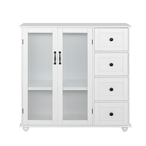 Scurrty Coffee Bar Cabinet Buffet Sideboard Table with Storage, Glass Display Cabinet, 4 Drawers & 2 Doors Kitchen Cupboard, Storage Organizer for Dining Room, Living Room, Entryway, etc (White)