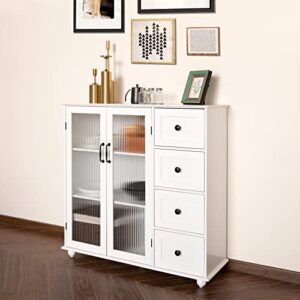 Scurrty Coffee Bar Cabinet Buffet Sideboard Table with Storage, Glass Display Cabinet, 4 Drawers & 2 Doors Kitchen Cupboard, Storage Organizer for Dining Room, Living Room, Entryway, etc (White)