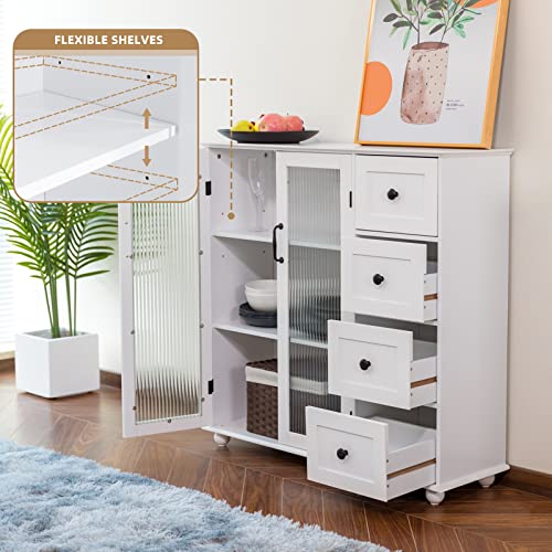 Scurrty Coffee Bar Cabinet Buffet Sideboard Table with Storage, Glass Display Cabinet, 4 Drawers & 2 Doors Kitchen Cupboard, Storage Organizer for Dining Room, Living Room, Entryway, etc (White)