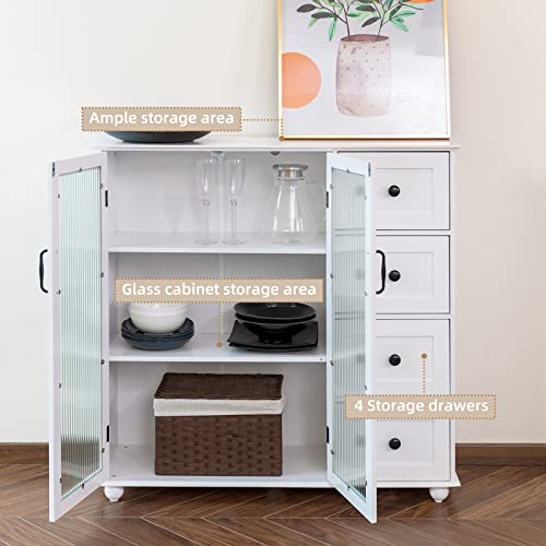 Scurrty Coffee Bar Cabinet Buffet Sideboard Table with Storage, Glass Display Cabinet, 4 Drawers & 2 Doors Kitchen Cupboard, Storage Organizer for Dining Room, Living Room, Entryway, etc (White)