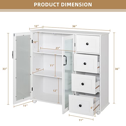 Scurrty Coffee Bar Cabinet Buffet Sideboard Table with Storage, Glass Display Cabinet, 4 Drawers & 2 Doors Kitchen Cupboard, Storage Organizer for Dining Room, Living Room, Entryway, etc (White)