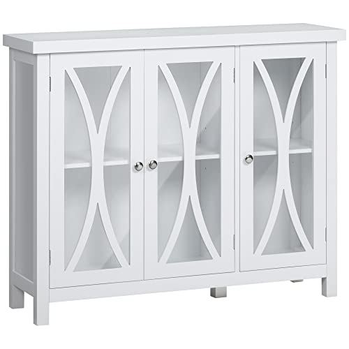 HOMCOM Modern Kitchen Sideboard, Buffet Cabinet with 2 Storage Cupboard, Glass Doors for Living Room, Bedroom, White