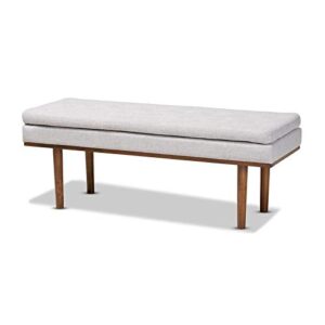 baxton studio rika mid-century modern greyish beige fabric upholstered walnut brown finished boomerang bench