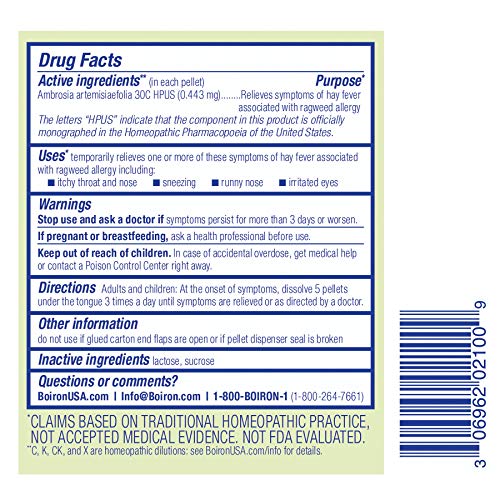 Boiron Ambrosia 30c Homeopathic Medicine for Ragweed or Hay Fever Relief and Allergy Symptoms of Sneezing, Runny Nose, and Itchy Eyes or Throat - 1 Count (80 Pellets)