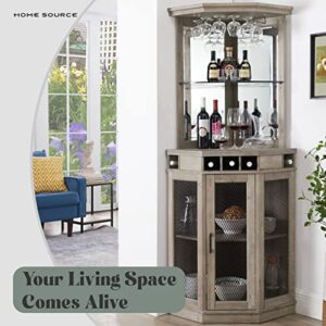 Home Source Stone Grey Corner Bar Unit with Built-in Wine Rack and Lower Cabinet