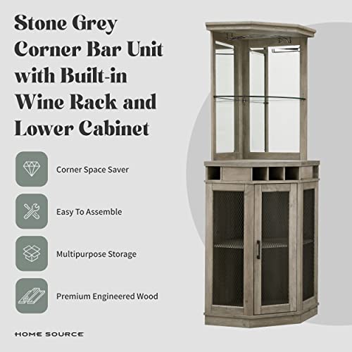 Home Source Stone Grey Corner Bar Unit with Built-in Wine Rack and Lower Cabinet