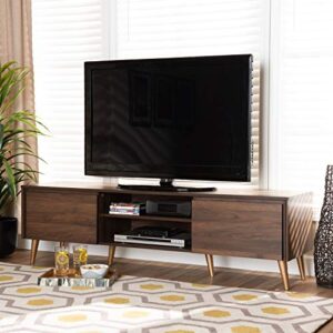 baxton studio landen mid-century modern walnut brown and gold finished wood tv stand