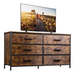 wlive wide dresser with 6 drawers, tv stand for 60″ tv, fabric double dresser, large storage tower unit, chest of drawers for bedroom, closet, living room, hallway, nursery, rustic brown