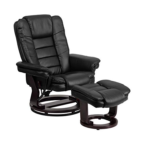 Flash Furniture Contemporary Multi-Position Recliner with Horizontal Stitching and Ottoman with Swivel Mahogany Wood Base in Black LeatherSoft