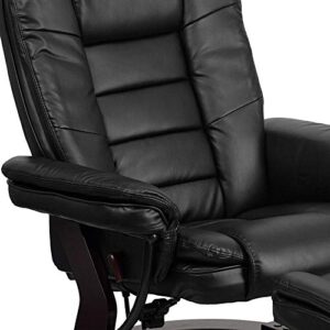 Flash Furniture Contemporary Multi-Position Recliner with Horizontal Stitching and Ottoman with Swivel Mahogany Wood Base in Black LeatherSoft