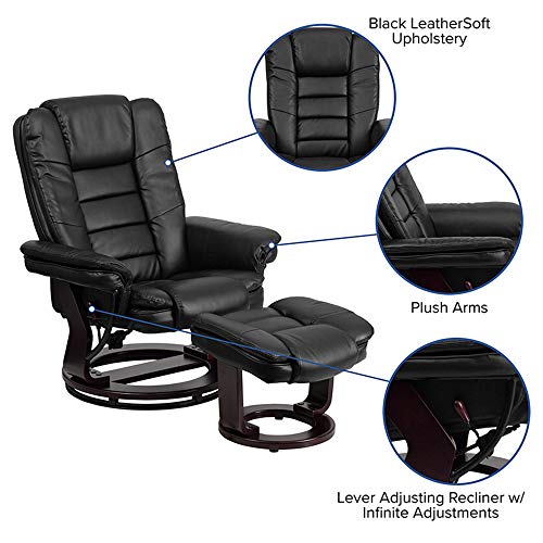 Flash Furniture Contemporary Multi-Position Recliner with Horizontal Stitching and Ottoman with Swivel Mahogany Wood Base in Black LeatherSoft