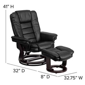 Flash Furniture Contemporary Multi-Position Recliner with Horizontal Stitching and Ottoman with Swivel Mahogany Wood Base in Black LeatherSoft