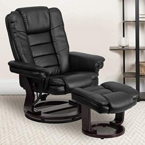 Flash Furniture Contemporary Multi-Position Recliner with Horizontal Stitching and Ottoman with Swivel Mahogany Wood Base in Black LeatherSoft