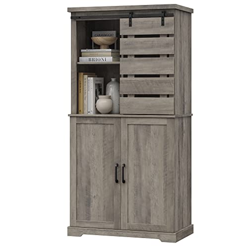 HOSTACK Tall Farmhouse Storage Cabinet, Sliding Barn Door Kitchen Cabinet with Adjustable Shelves, Freestanding Bookcase Buffet Cabinet for Kitchen, Dining Room, Living Room, Home Office, Ash Grey