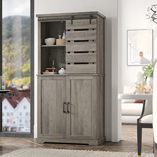 HOSTACK Tall Farmhouse Storage Cabinet, Sliding Barn Door Kitchen Cabinet with Adjustable Shelves, Freestanding Bookcase Buffet Cabinet for Kitchen, Dining Room, Living Room, Home Office, Ash Grey