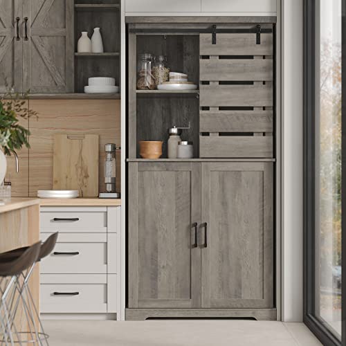 HOSTACK Tall Farmhouse Storage Cabinet, Sliding Barn Door Kitchen Cabinet with Adjustable Shelves, Freestanding Bookcase Buffet Cabinet for Kitchen, Dining Room, Living Room, Home Office, Ash Grey