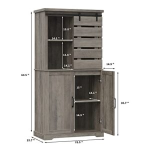 HOSTACK Tall Farmhouse Storage Cabinet, Sliding Barn Door Kitchen Cabinet with Adjustable Shelves, Freestanding Bookcase Buffet Cabinet for Kitchen, Dining Room, Living Room, Home Office, Ash Grey