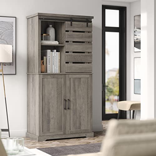 HOSTACK Tall Farmhouse Storage Cabinet, Sliding Barn Door Kitchen Cabinet with Adjustable Shelves, Freestanding Bookcase Buffet Cabinet for Kitchen, Dining Room, Living Room, Home Office, Ash Grey